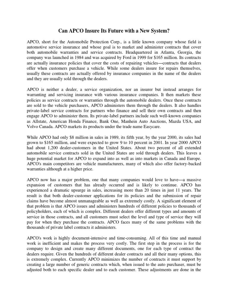 Case Study 2 - Can APCO Insure Its Future With A New System | PDF ...