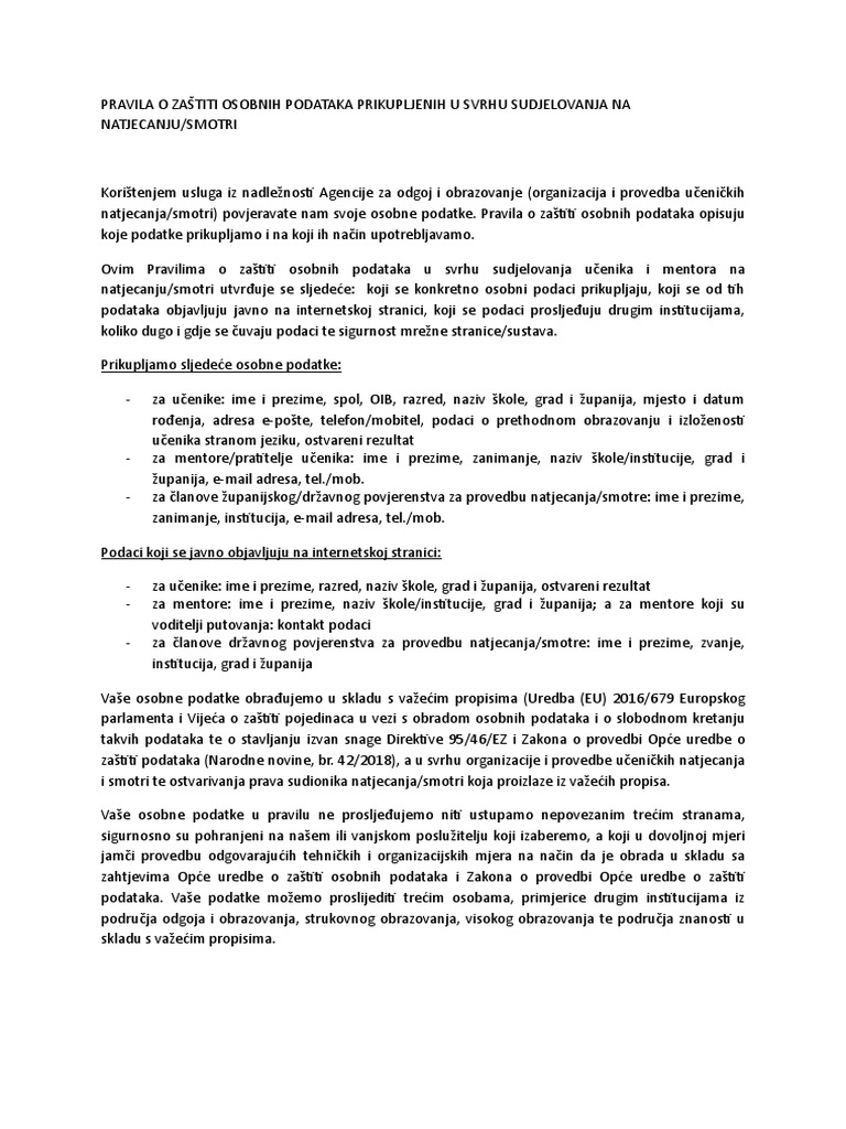 Pravila o Zastiti Osobnih Podataka | PDF
