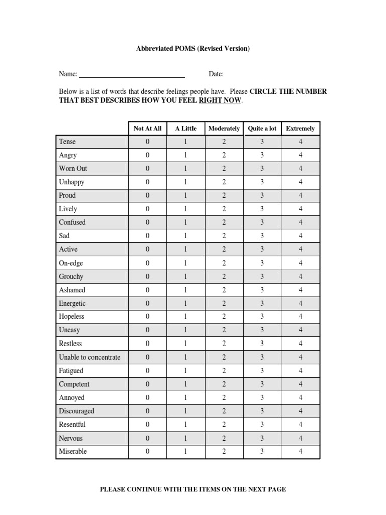 Abbreviated POMS Questionnaire 40 Items | PDF | Applied Psychology ...