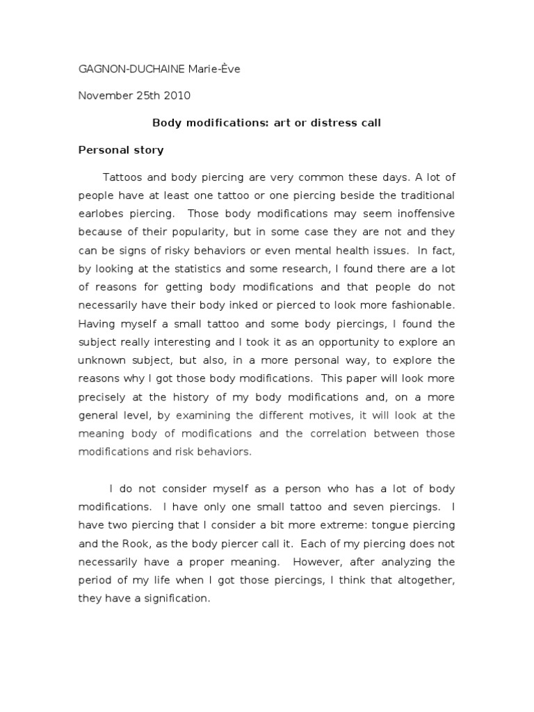 Body Modifications: Art or Distress Call Personal Story | PDF | Tattoo ...