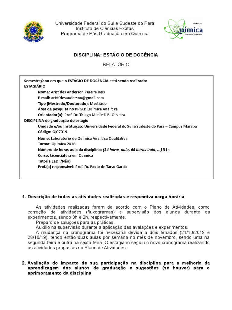 Relatório Estágio Docência | PDF | Mestrado | Pós-graduação