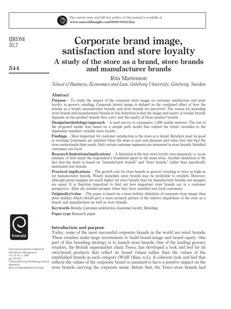 Corporate Brand Image, Satisfaction and Store Loyalty | PDF | Retail ...