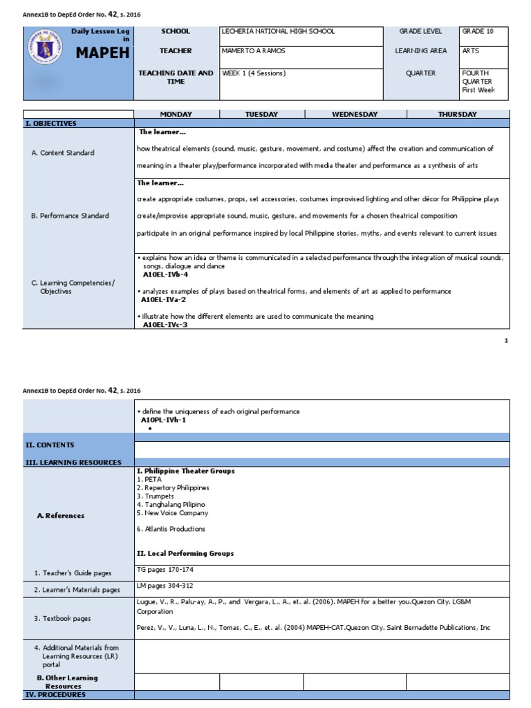 DLL - Grade 10 Arts 4th Quater First Week PDF | PDF