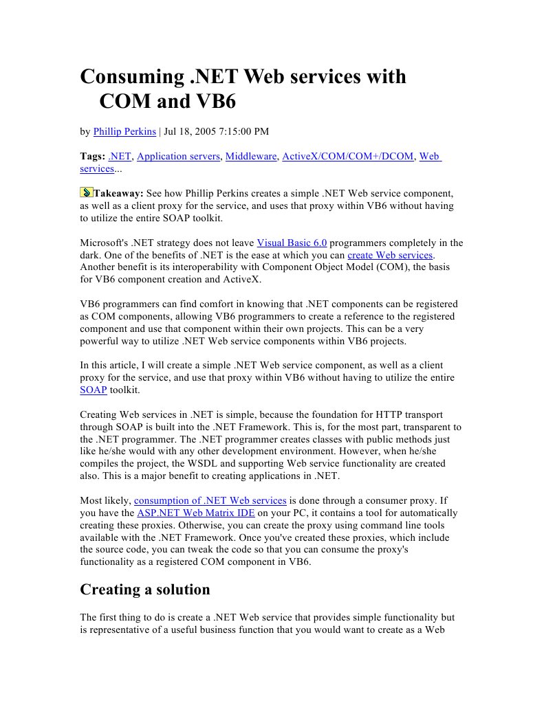 Consuming Net Web Services With Com And Vb6 Pdf Component Object