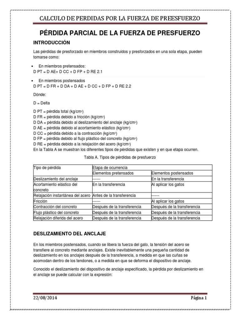 Perdida Parcial De La Fuerza De Presfuerzo Pdf Fricción Hormigón