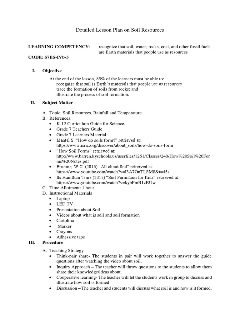 Lesson Plan on Soil Resources for Grade 7 | PDF | Topsoil | Soil