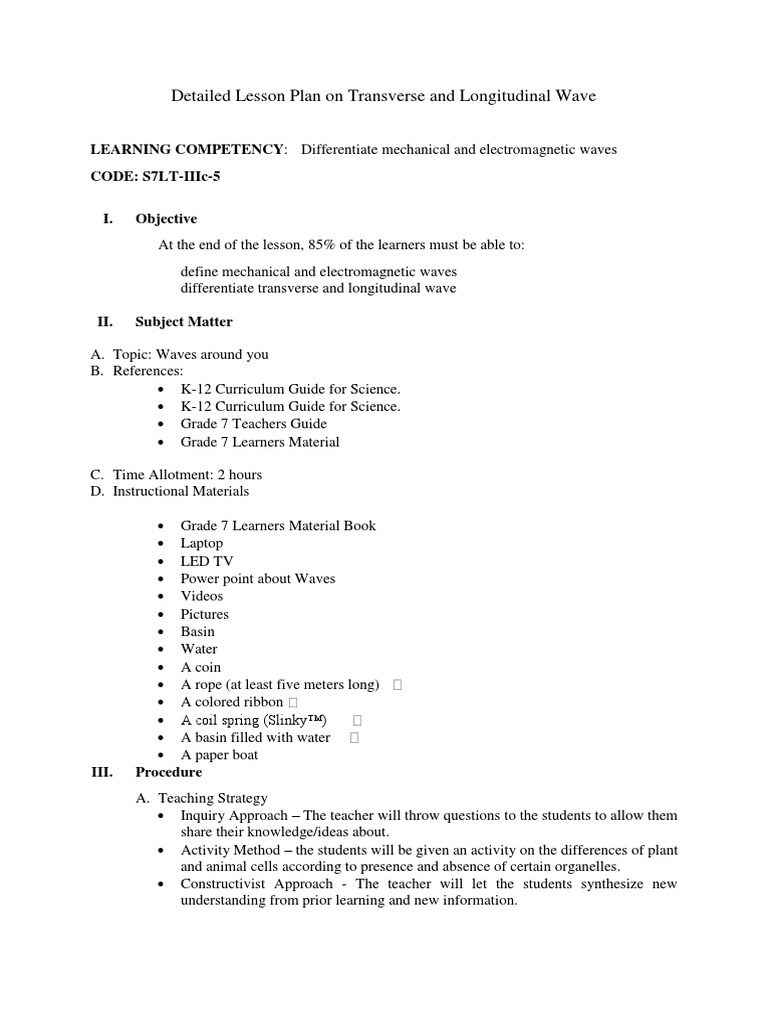 Detailed Lesson Plan On Transverse and Longitudinal Waves | PDF | Waves ...