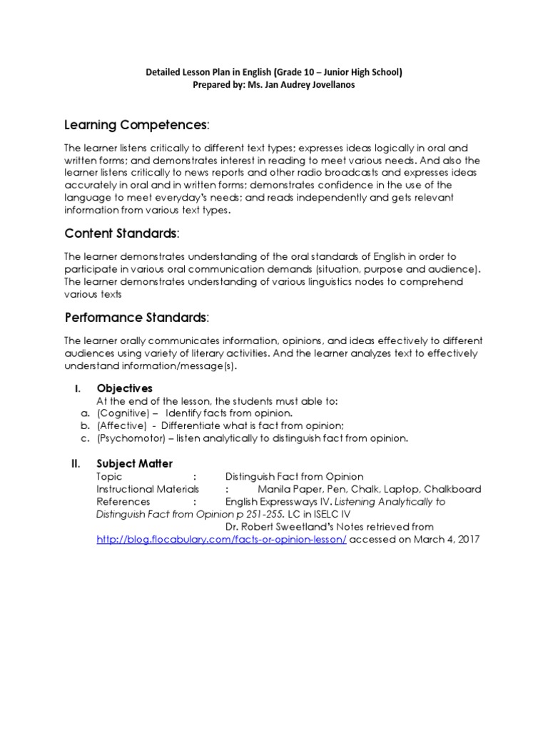 Fact vs. Opinion Lesson Plan for Grade 10 | PDF | Opinion | Lesson Plan