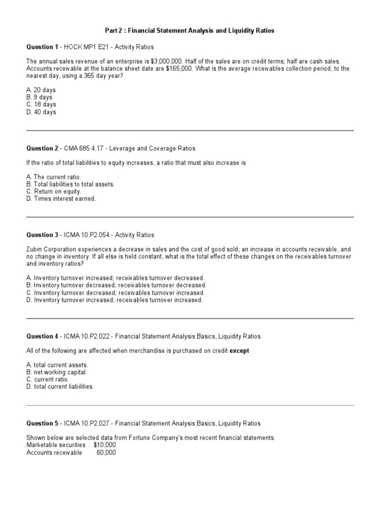 Copy Part 2 Financial Statement Analysis and Liquidity Ratios Qs | PDF ...