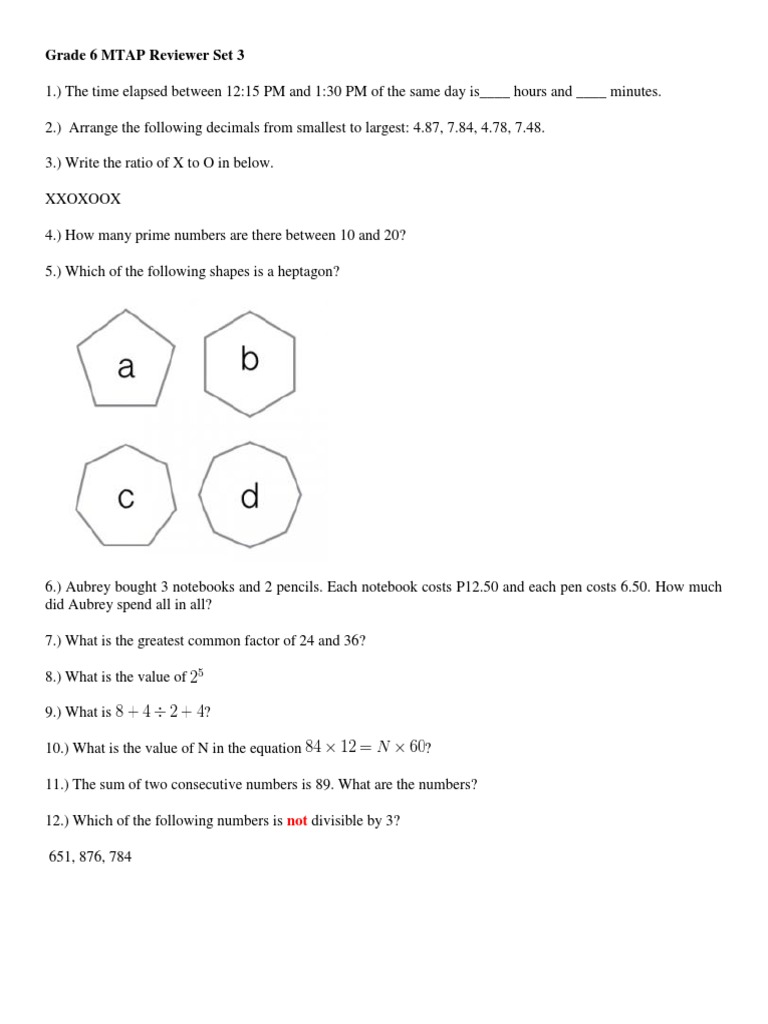 Grade 6 MTAP Reviewer Set 3 | PDF