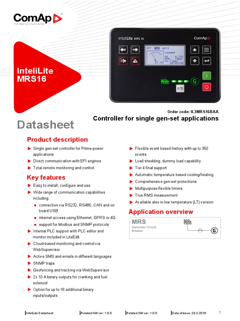 InteliLite MRS 16 Datasheet | PDF | Hertz | Programmable Logic Controller