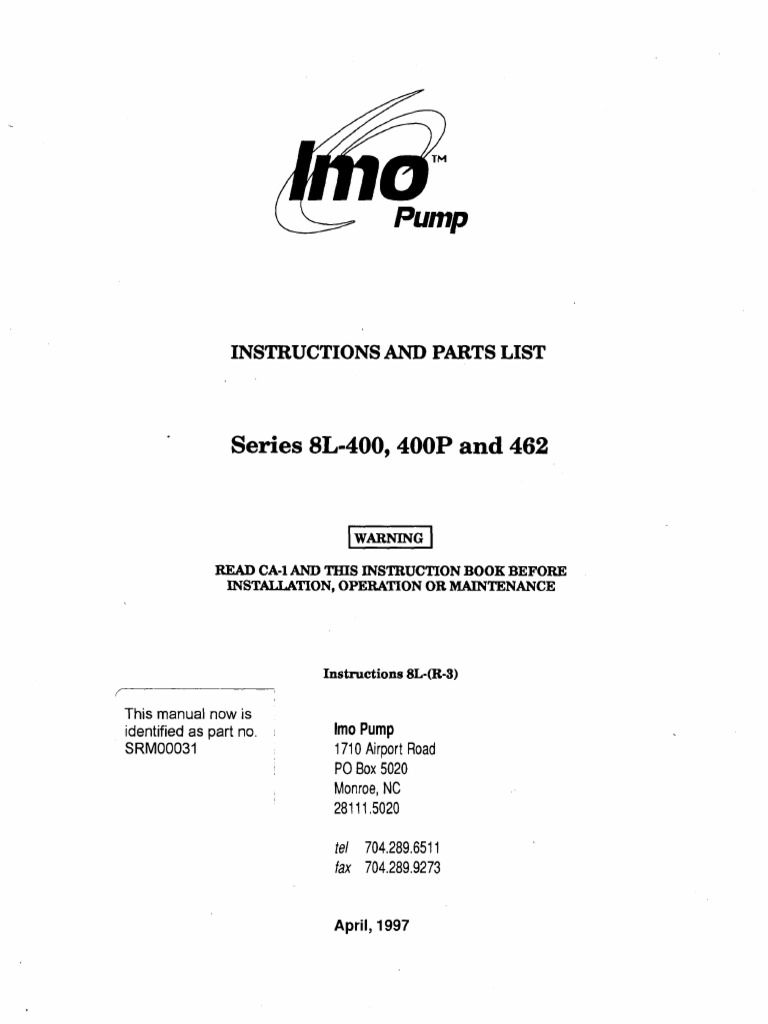 Manual de Bomba de Tornillo Imo Modelo 460/462 | PDF