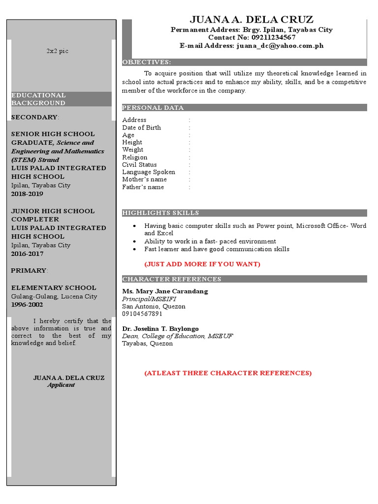 SHS Sample Resume | PDF | Learning | Cognition