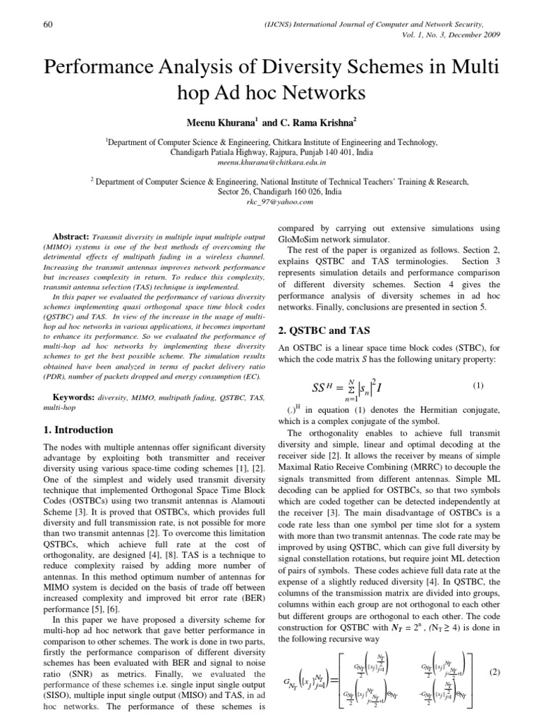 Performance Analysis of Diversity Schemes in Multi Hop Ad Hoc Networks | PDF | Mimo | Routing