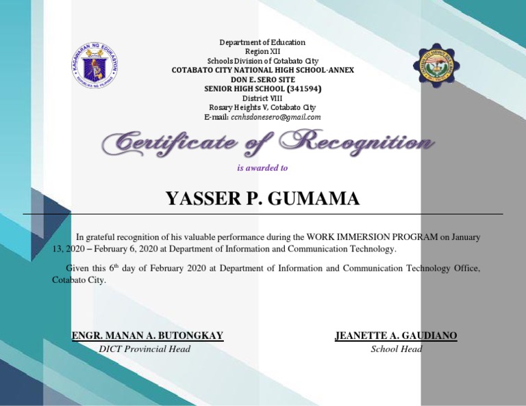 Work Immersion Certificate | PDF