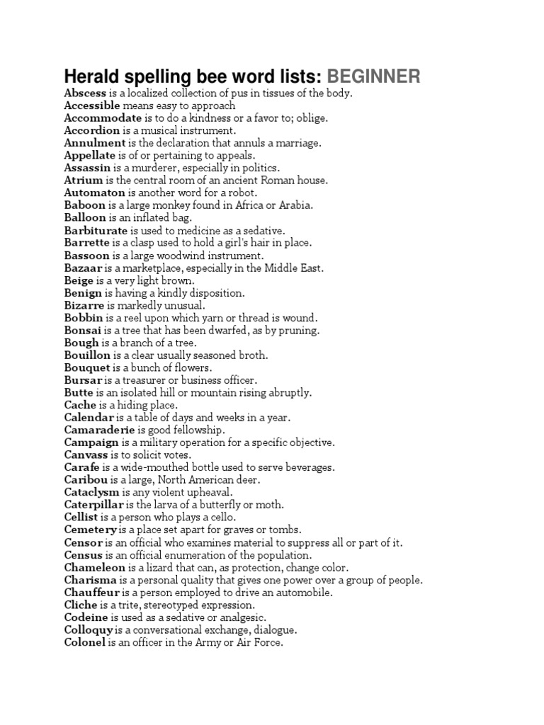 Beginner Spelling Bee Word List | PDF | Nature