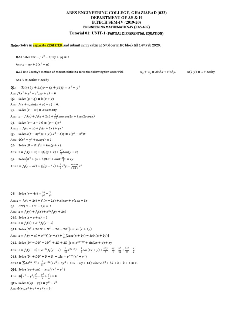 Tutorial PDE Unit-1 Maths-IV | PDF | Partial Differential Equation ...