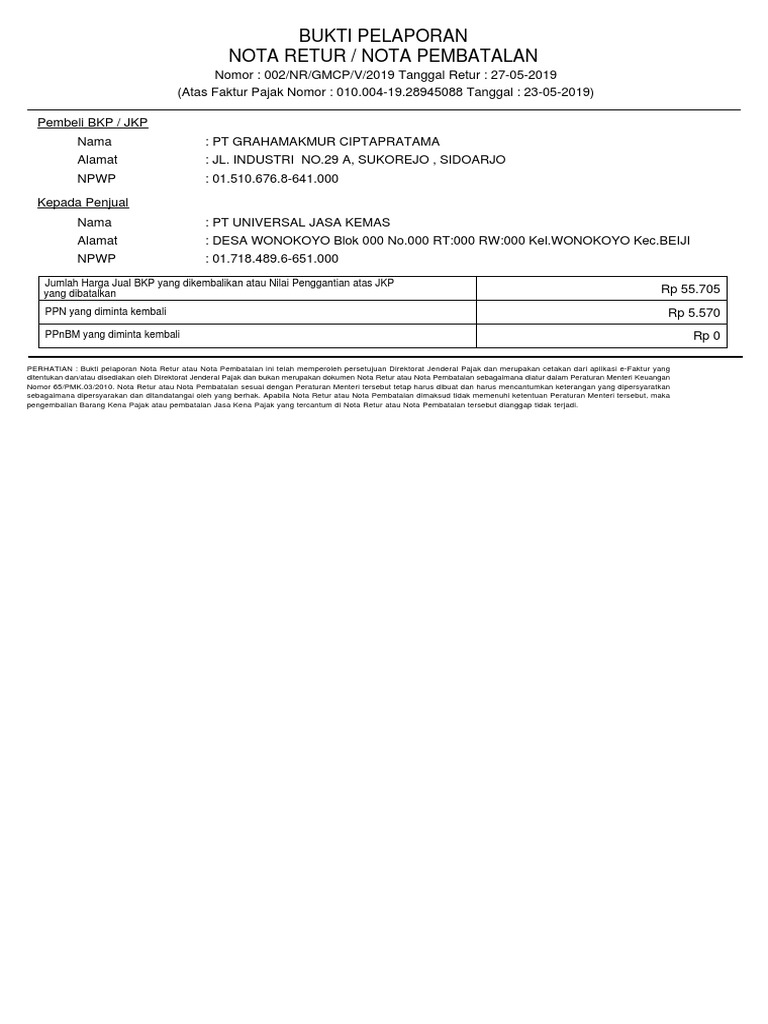 Bukti Lapor Nota Retur | PDF