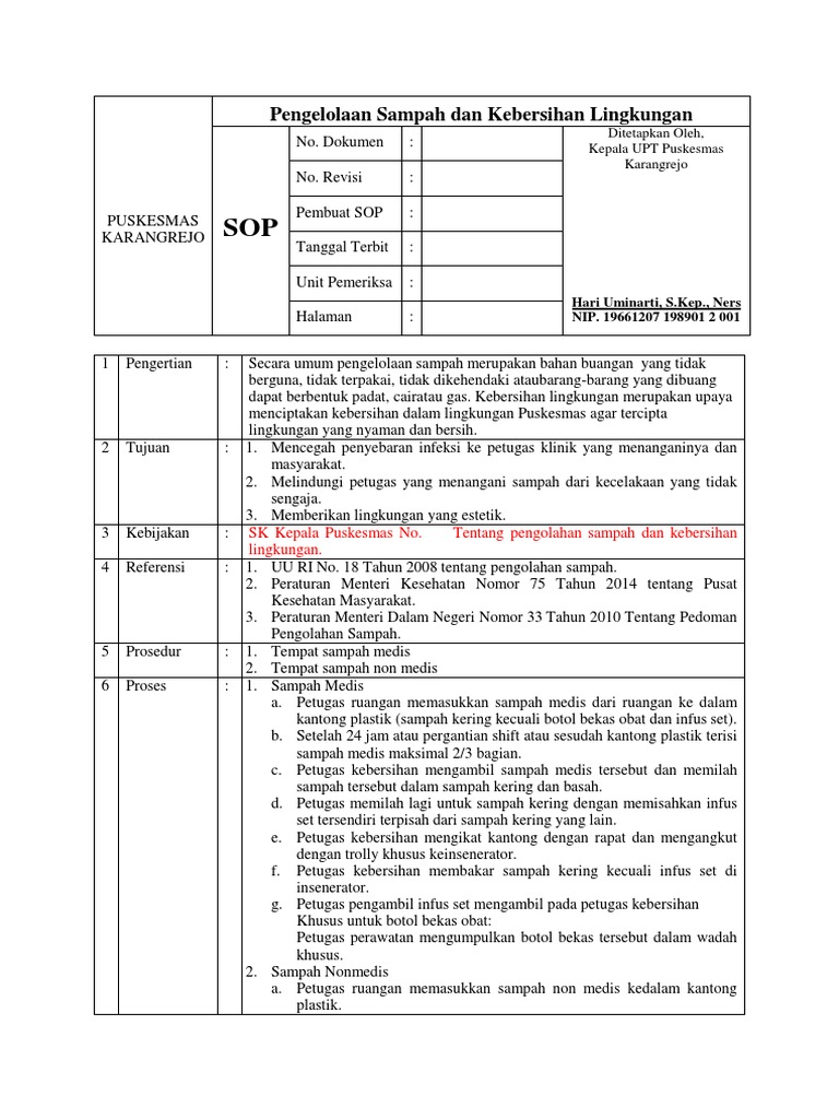 2 1 2 SOP Pengelolaan Sampah Dan Kebersihan Lingkungan | PDF