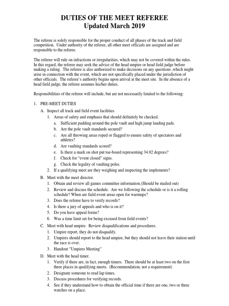 Meet Referee Responsibilities in Athletics | PDF | Referee | Track And ...