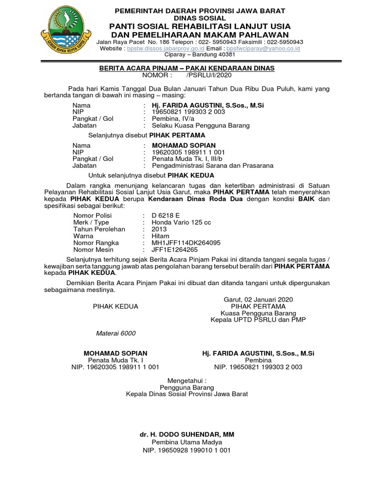 Surat Perjanjian Pinjam Pakai Kendaraan Dinas | PDF
