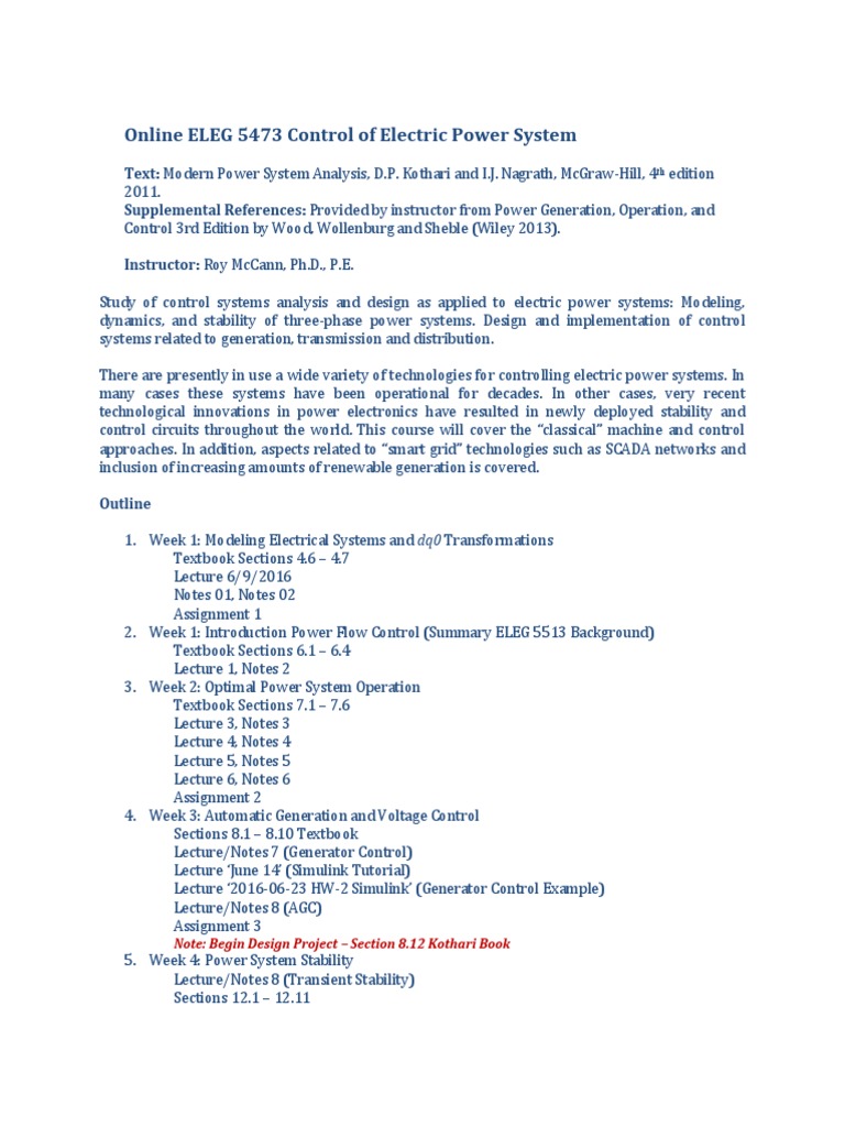 Syllabus ELEG5473 Pow Sys Op & CTRL | PDF | Electric Power System | Homework