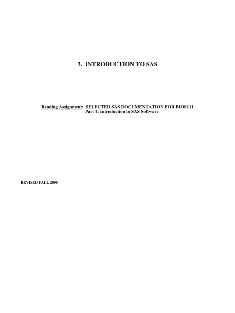 Introduction To Sas Reading Assignment Selected Sas Documentation For Bios111 Part 1