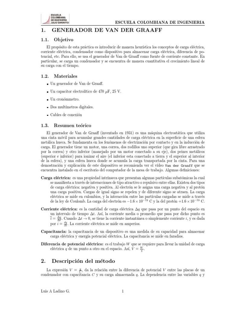 FENOMENOS ELECTROSTATICOS Van - de - Graaff - Lab PDF | PDF | Carga ...