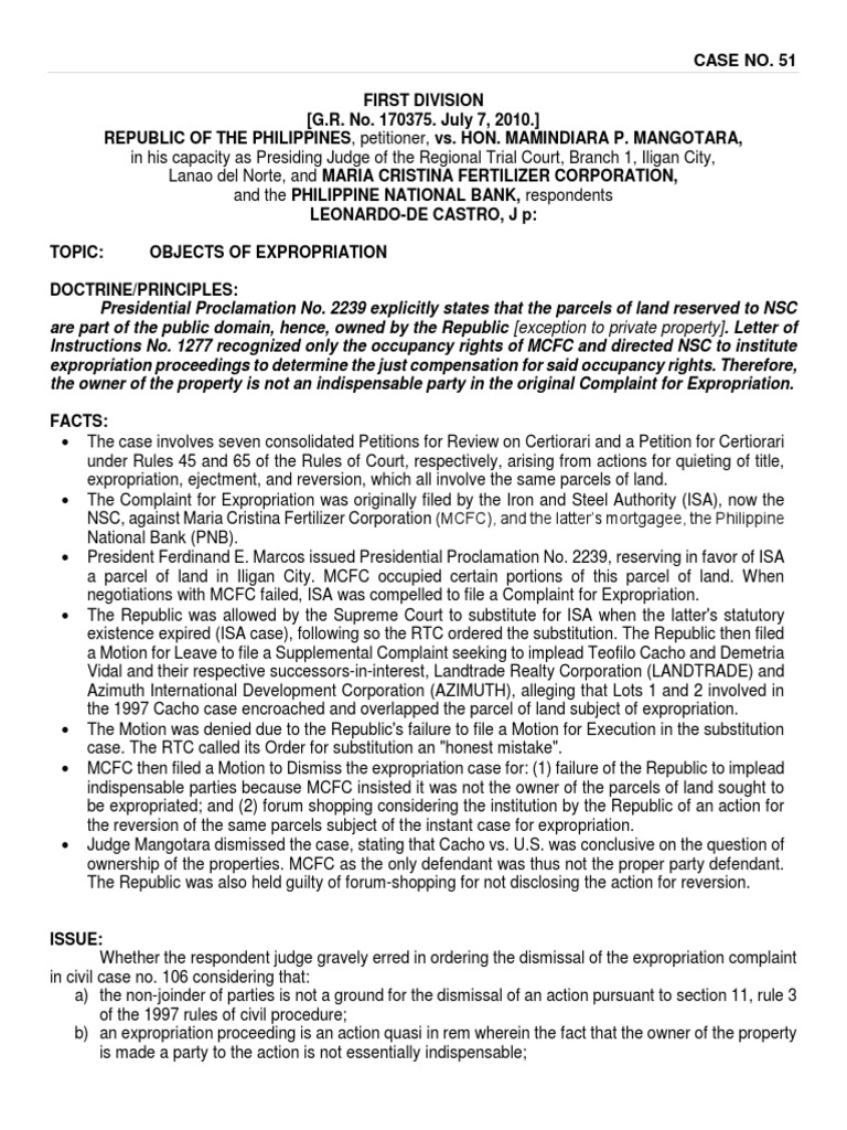 Expropriation Case: Republic v. Mangotara | PDF | Eminent Domain ...