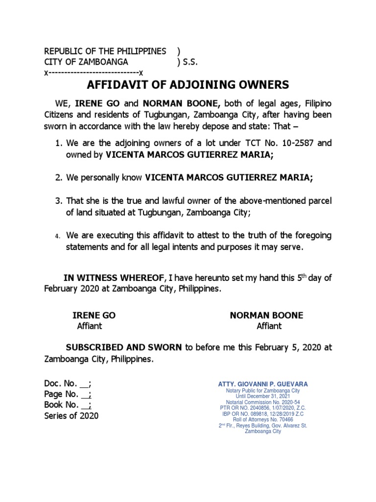 Sample Affidavit of Adjoining Lot Owners | PDF | Law