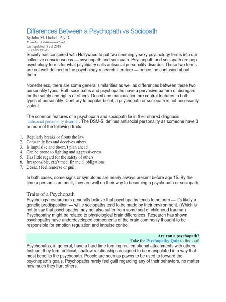 Psychopath vs Sociopath Explained | PDF | Psychopathy | Antisocial ...