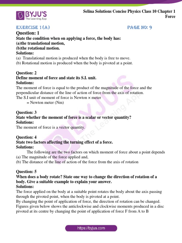 Selina Solutions Concise Physics Class 10 Chapter 1 Force | PDF | Acceleration | Torque