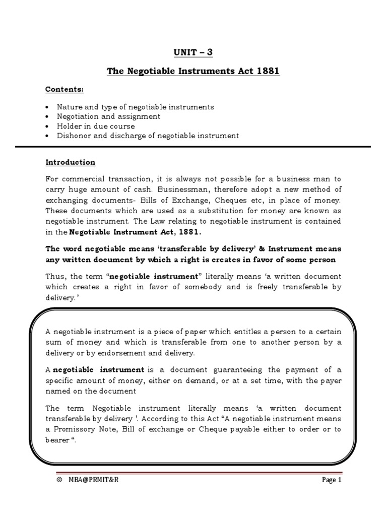 Negotiable Instruments Act, 1881 | PDF | Negotiable Instrument | Cheque
