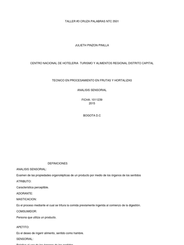 Taller 3 Cruzapalabras NTC 3501 | PDF | Alimentos | Neurociencia