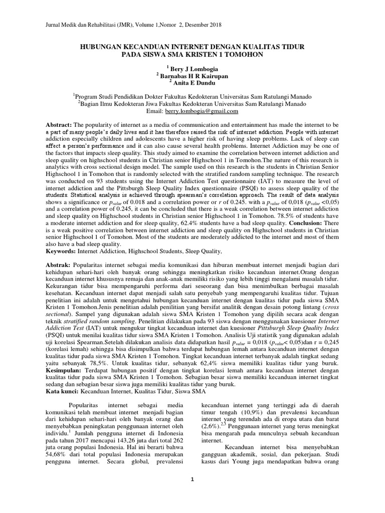 Kecanduan Internet dan Kualitas Tidur Siswa | PDF | Analisis Data | Nilai p