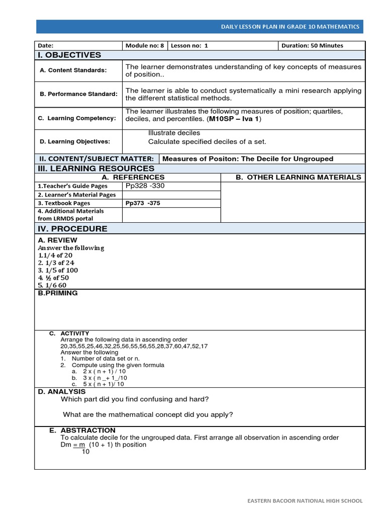 Decile For Ungrouped Data | PDF | Lesson Plan | Teaching Mathematics