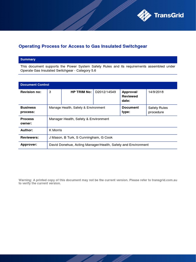 Operating Process For Access To Gas Insulated Switchgear | PDF ...
