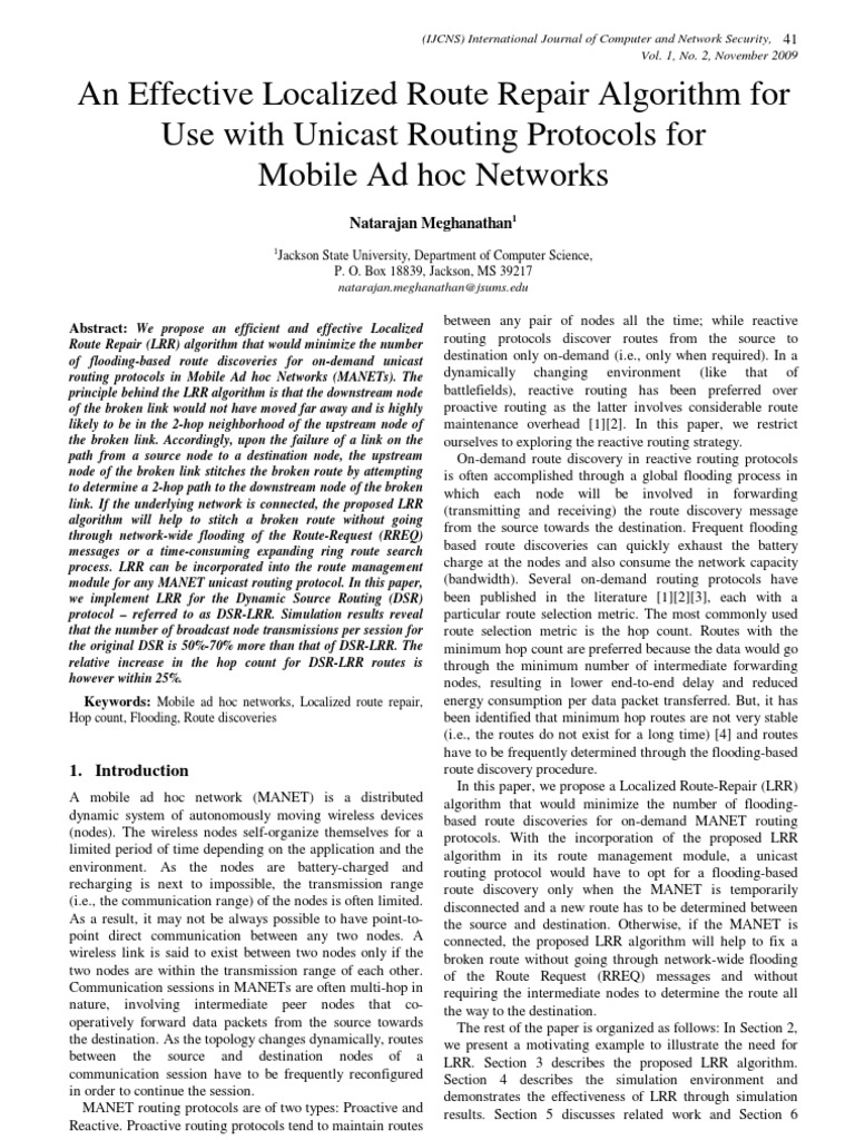 An Effective Localized Route Repair Algorithm For Use With Unicast ...