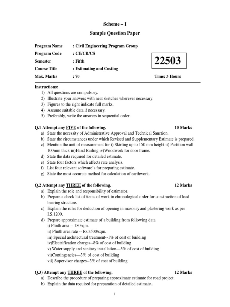 Estimating and Costing-Sample-Question-Paper (Msbte-Study-Resources) | PDF | Engineering ...