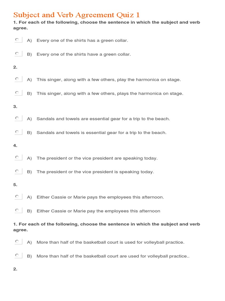 Subject and Verb Agreement Quiz 1 | PDF