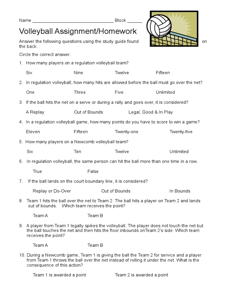 Volleyball Homework and Study Guide 2015 | PDF | Volleyball | Sports ...