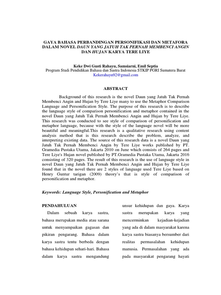 Gaya Bahasa Pebandingan Personifikasi Dan Metafora Dalam Novel Daun ...