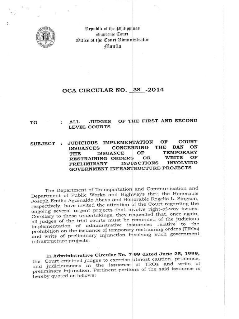 OCA Circular No. 38 2014 | PDF | Injunction | Civil Law (Common Law)