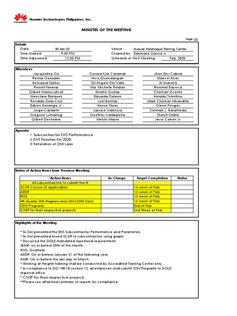 OHS Committee MoM - January 30, 2020 | PDF