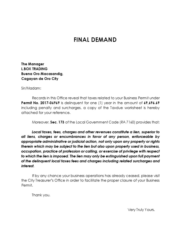 Demand Letter Business Permit | PDF | Lien | Fee