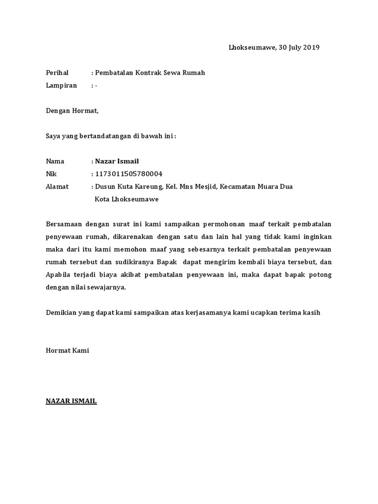 Surat Pembatalan Penyewaan Rumah | PDF