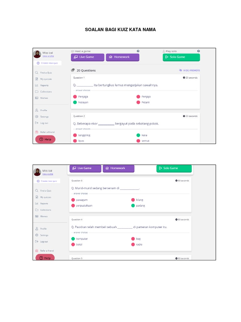 Soalan Kuiz Kata Nama | PDF