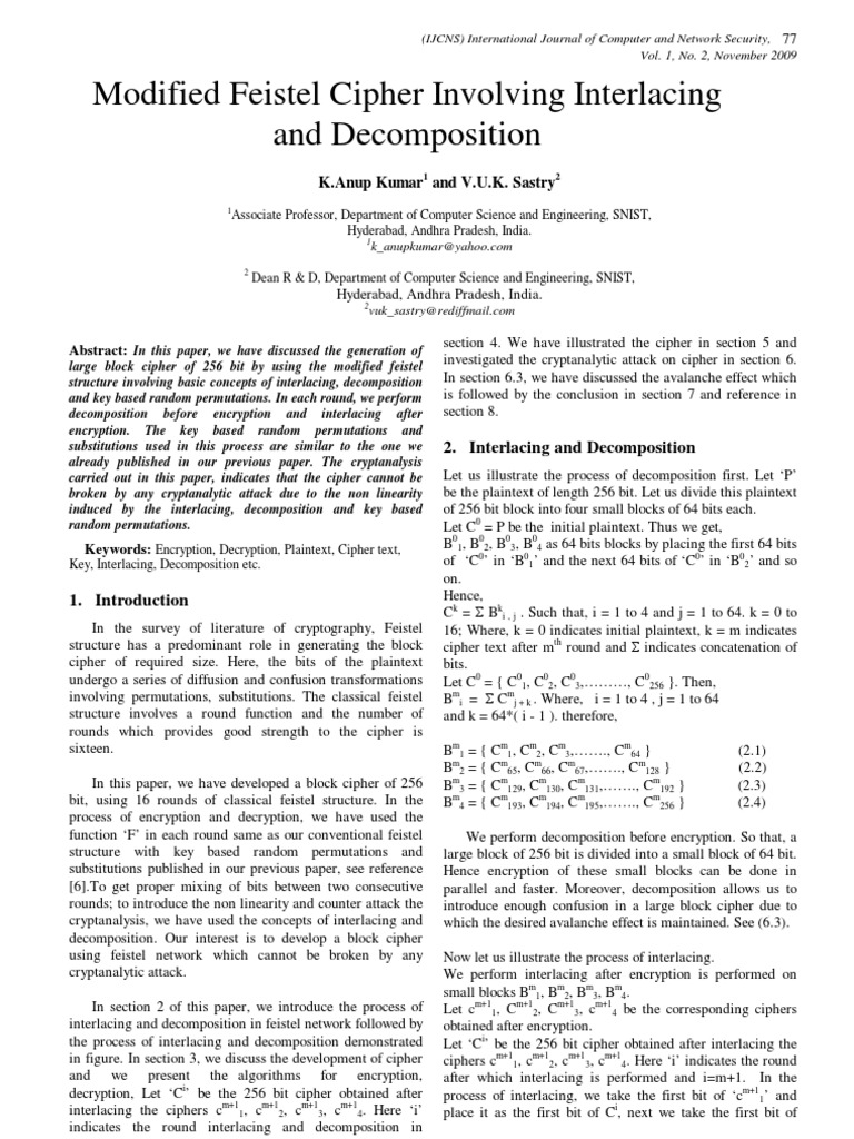 Modified Feistel Cipher Involving Interlacing And Decomposition Pdf Cipher Key Cryptography