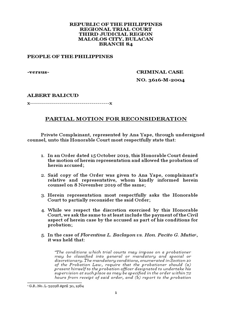 Partial Motion For Reconsideration | PDF | Probation | Crime & Violence