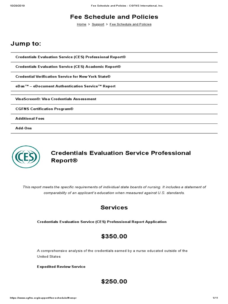 Fee Schedule and Policies - CGFNS International, Inc - PDF | PDF ...